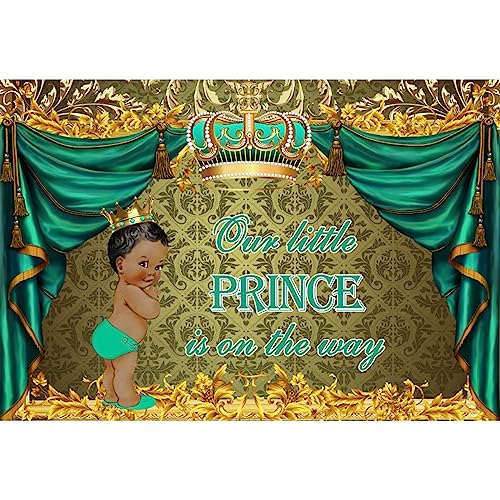 Renaiss 5x3ft Prince Baby Shower Backdrop Royal Green Curtain Gold Crown Photography Background Our Litlle Prince is on The Way Banner Newborn Boy Gender Reveal Party Decor Photo Studio Booth Props