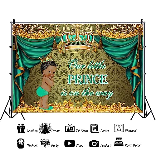 Renaiss 5x3ft Prince Baby Shower Backdrop Royal Green Curtain Gold Crown Photography Background Our Litlle Prince is on The Way Banner Newborn Boy Gender Reveal Party Decor Photo Studio Booth Props