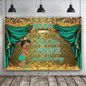 Renaiss 5x3ft Prince Baby Shower Backdrop Royal Green Curtain Gold Crown Photography Background Our Litlle Prince is on The Way Banner Newborn Boy Gender Reveal Party Decor Photo Studio Booth Props