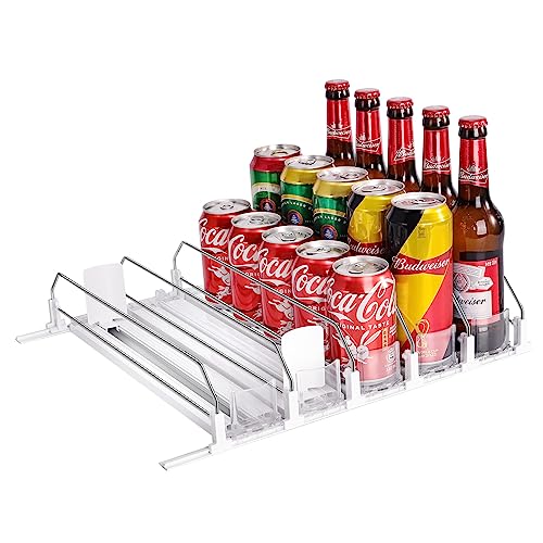 LAKIX Drink Organizer for Fridge, Self-Sliding soda Can Dispenser for Refrigerator and Adjustable Width, 12oz to 20oz holds 25+ Cans(5 Rows, 38 CM)