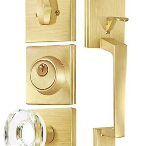 BonKuDoo Satin Brass Front Door Handle and Single Cylinder Deadbolt, Front Door Lock Set, Gold Entry Door Handle Set with Glass Door Knobs