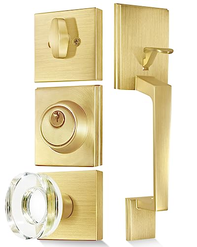 BonKuDoo Satin Brass Front Door Handle and Single Cylinder Deadbolt, Front Door Lock Set, Gold Entry Door Handle Set with Glass Door Knobs