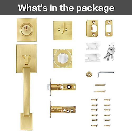 BonKuDoo Satin Brass Front Door Handle and Single Cylinder Deadbolt, Front Door Lock Set, Gold Entry Door Handle Set with Glass Door Knobs