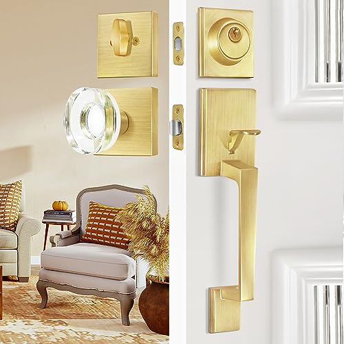 BonKuDoo Satin Brass Front Door Handle and Single Cylinder Deadbolt, Front Door Lock Set, Gold Entry Door Handle Set with Glass Door Knobs