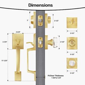 BonKuDoo Satin Brass Front Door Handle and Single Cylinder Deadbolt, Front Door Lock Set, Gold Entry Door Handle Set with Glass Door Knobs