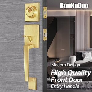 BonKuDoo Satin Brass Front Door Handle and Single Cylinder Deadbolt, Front Door Lock Set, Gold Entry Door Handle Set with Glass Door Knobs