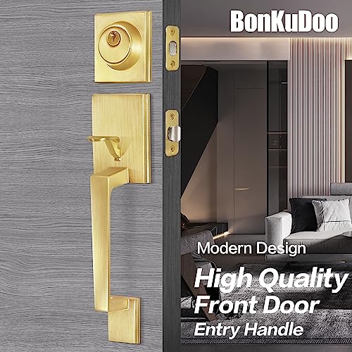 BonKuDoo Satin Brass Front Door Handle and Single Cylinder Deadbolt, Front Door Lock Set, Gold Entry Door Handle Set with Glass Door Knobs