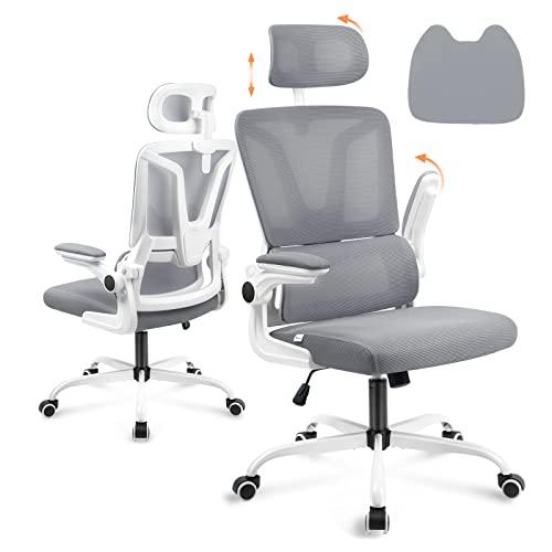 Soontrans Ergonomic Office Chair with Lumbar Support Pillow, Mesh Office Chair with Headrest & Adjustable Arms, Rocking Office Desk Chair, Comfortable Ergonomic Chair - Dark Grey