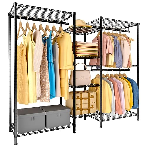 Garment Rack, Heavy Duty Clothes Rack Metal Clothing Rack with Shelves, Freestanding Portable Wardrobe Closet Rack for Hanging Clothes, with 3 Hang Rods & 8 Shelves for Clothes Organize and Storage