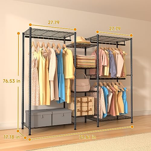 Garment Rack, Heavy Duty Clothes Rack Metal Clothing Rack with Shelves, Freestanding Portable Wardrobe Closet Rack for Hanging Clothes, with 3 Hang Rods & 8 Shelves for Clothes Organize and Storage