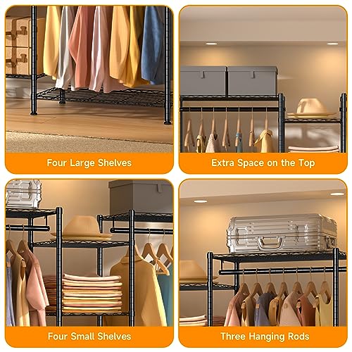 Garment Rack, Heavy Duty Clothes Rack Metal Clothing Rack with Shelves, Freestanding Portable Wardrobe Closet Rack for Hanging Clothes, with 3 Hang Rods & 8 Shelves for Clothes Organize and Storage