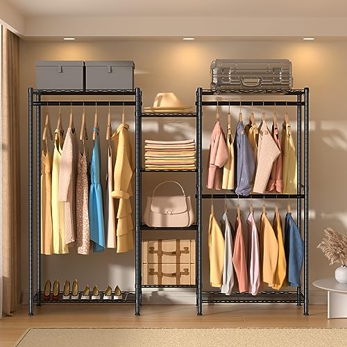 Garment Rack, Heavy Duty Clothes Rack Metal Clothing Rack with Shelves, Freestanding Portable Wardrobe Closet Rack for Hanging Clothes, with 3 Hang Rods & 8 Shelves for Clothes Organize and Storage