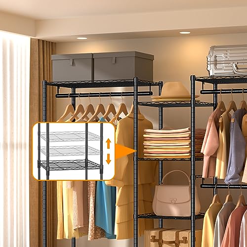 Garment Rack, Heavy Duty Clothes Rack Metal Clothing Rack with Shelves, Freestanding Portable Wardrobe Closet Rack for Hanging Clothes, with 3 Hang Rods & 8 Shelves for Clothes Organize and Storage