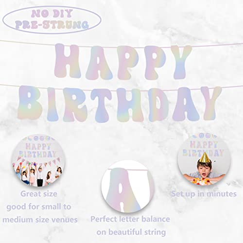 KIDZVEFUN Happy Birthday Decorations, Iridescent Banner and Smile Face for Birthday Party Disco Silver Cool Stranger Things Supplies Favor 21st 30th 40thBday Decorations for Women(Iridescent Happy Birthday)