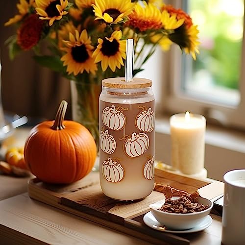 ANOTION Fall Coffee Cups - Fall Decor Pumpkin Mug Fall Coffee Mug Iced Coffee Cups Unique Autumn Decor Pumpkin Decorations Thanksgiving Tumbler Fall Wedding Tumbler Can Shaped Fall Cups - 18oz