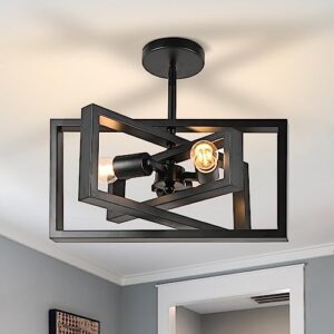 huismier 3 lights farmhouse ceiling light, rustic black semi flush mount ceiling light fixture rectangular metal chandelier lighting for kitchen foyer hallway bedroom living room bathroom entrance