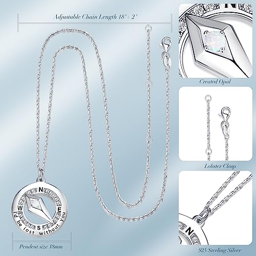 FANCIME Compass Birthstone Necklace for Women Sterling Silver Compass Jewelry Opal Pendant October Birthstone Necklace Gemstone Birthday Christmas Gifts for Girlfriend Wife Mom Her