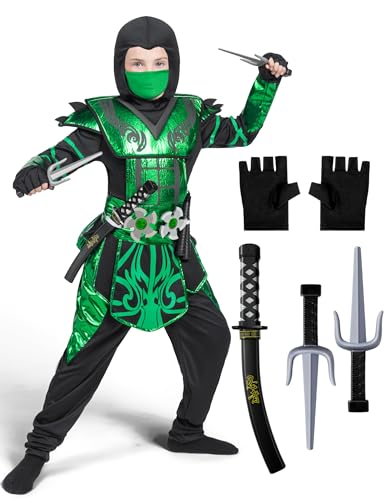 Spooktacular Creations Halloween Ninja Costume for Boys, Green Ninja Costume for Kids Ninja Themed Parties, Halloween Costume Dress Up (Small (5-7yr))