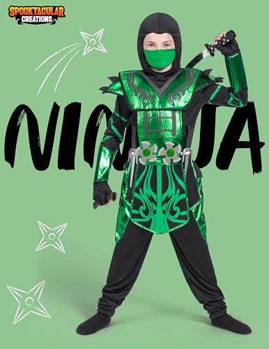 Spooktacular Creations Halloween Ninja Costume for Boys, Green Ninja Costume for Kids Ninja Themed Parties, Halloween Costume Dress Up (Small (5-7yr))