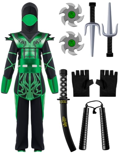 Spooktacular Creations Halloween Ninja Costume for Boys, Green Ninja Costume for Kids Ninja Themed Parties, Halloween Costume Dress Up (Small (5-7yr))