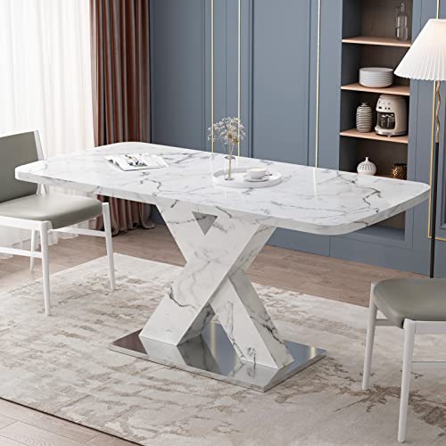 63inch Extendable Marble Dining Table for 4-6, White Faux Marble Dining Room Kitchen Table, Modern Rectangular Dinner Table with Pedestal Base for Dining Room Kitchen (White)