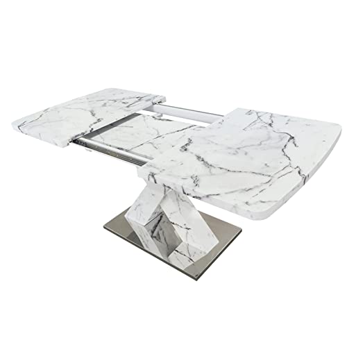 63inch Extendable Marble Dining Table for 4-6, White Faux Marble Dining Room Kitchen Table, Modern Rectangular Dinner Table with Pedestal Base for Dining Room Kitchen (White)