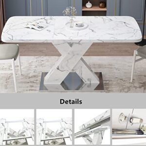 63inch Extendable Marble Dining Table for 4-6, White Faux Marble Dining Room Kitchen Table, Modern Rectangular Dinner Table with Pedestal Base for Dining Room Kitchen (White)