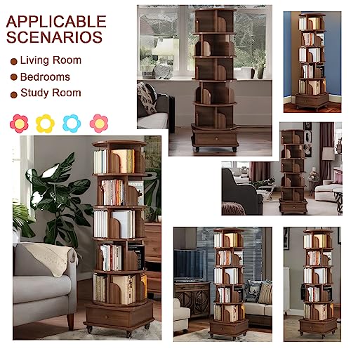 MMV 5 Tier Rotating Bookshelf, 360° Display Bookcase with Cabinet, Mobile Bookshelf with Wheels, 79" Tall Bookcase for Narrow Space, Spinning Wood Bookshelf Tower for Home Office, Study Room, Walnut