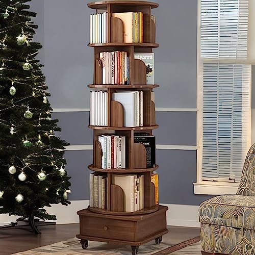 MMV 5 Tier Rotating Bookshelf, 360° Display Bookcase with Cabinet, Mobile Bookshelf with Wheels, 79" Tall Bookcase for Narrow Space, Spinning Wood Bookshelf Tower for Home Office, Study Room, Walnut