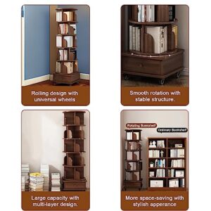 MMV 5 Tier Rotating Bookshelf, 360° Display Bookcase with Cabinet, Mobile Bookshelf with Wheels, 79" Tall Bookcase for Narrow Space, Spinning Wood Bookshelf Tower for Home Office, Study Room, Walnut