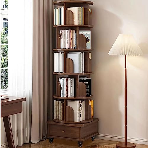 MMV 5 Tier Rotating Bookshelf, 360° Display Bookcase with Cabinet, Mobile Bookshelf with Wheels, 79" Tall Bookcase for Narrow Space, Spinning Wood Bookshelf Tower for Home Office, Study Room, Walnut