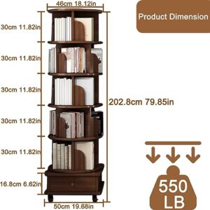 MMV 5 Tier Rotating Bookshelf, 360° Display Bookcase with Cabinet, Mobile Bookshelf with Wheels, 79" Tall Bookcase for Narrow Space, Spinning Wood Bookshelf Tower for Home Office, Study Room, Walnut