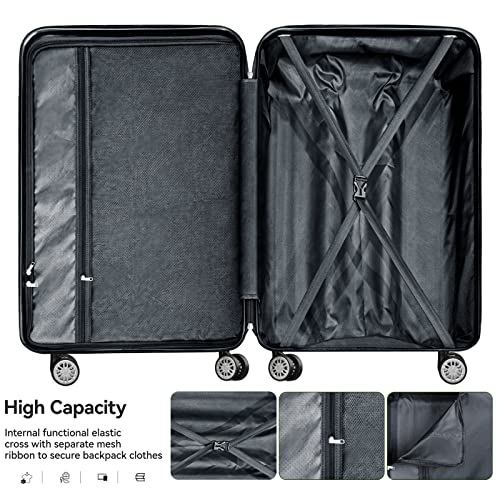 Powforlife Luggage Sets 3 Piece ABS Luggage Lightweight Suitcase Sets Double Spinner Wheels TSA Lock,Black,3 Piece Set (20/24/28)