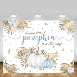 MEHOFOND 8x6ft Autumn Boho Little Pumpkin Backdrop for Boy Baby Shower Fall Leaves Pampas Grass Thanksgiving Blue White Floral Background for Photography Party Decorations Banner Photo Booth Props