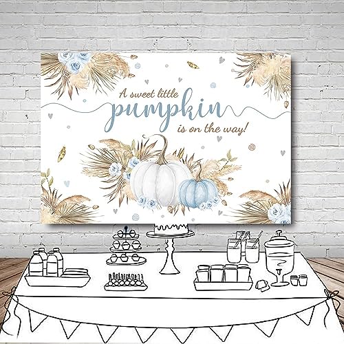 MEHOFOND 8x6ft Autumn Boho Little Pumpkin Backdrop for Boy Baby Shower Fall Leaves Pampas Grass Thanksgiving Blue White Floral Background for Photography Party Decorations Banner Photo Booth Props