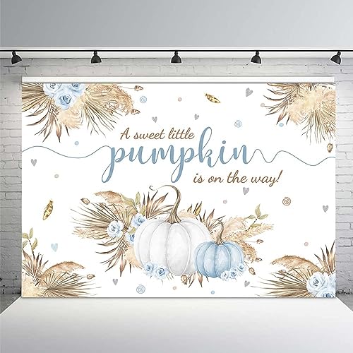 MEHOFOND 8x6ft Autumn Boho Little Pumpkin Backdrop for Boy Baby Shower Fall Leaves Pampas Grass Thanksgiving Blue White Floral Background for Photography Party Decorations Banner Photo Booth Props