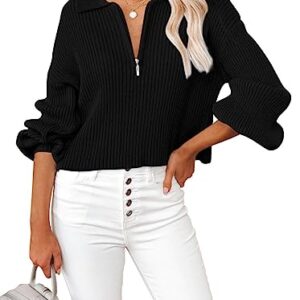 Pink Queen Women's 2023 Fashion V Neck Collared Crop Sweaters Casual Loose Lantern Long Sleeve Half Zip Slouchy Ribbed Knit Jumper Tops Black L