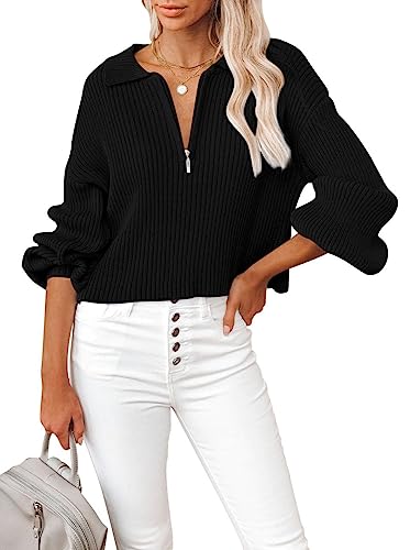 Pink Queen Women's 2023 Fashion V Neck Collared Crop Sweaters Casual Loose Lantern Long Sleeve Half Zip Slouchy Ribbed Knit Jumper Tops Black L