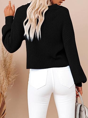 Pink Queen Women's 2023 Fashion V Neck Collared Crop Sweaters Casual Loose Lantern Long Sleeve Half Zip Slouchy Ribbed Knit Jumper Tops Black L