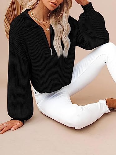 Pink Queen Women's 2023 Fashion V Neck Collared Crop Sweaters Casual Loose Lantern Long Sleeve Half Zip Slouchy Ribbed Knit Jumper Tops Black L