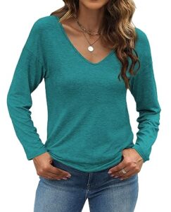 sherosa womens v neck t shirts long sleeve cotton cute soft v neck tee blue green l