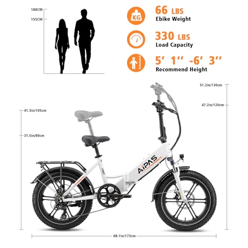 Aipas A2 Series Folding Electric Bike, 20'' Fat Tire Electric Bike with 750W Motor, 48V/11.6AH Removable Battery, 28MPH Max Speed, 55 Mile Range, Step-Through Frame and Shimano 7-Speed