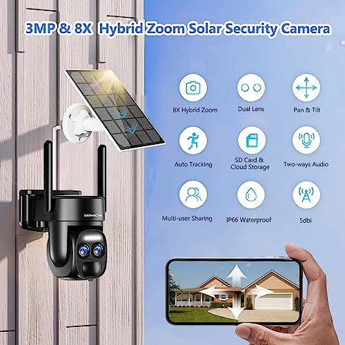 [ 8X Zoom ] 4K 5Dbi Security Cameras Wireless Outdoor, Battery Powered Solar Security Camera Outdoor 360° PTZ WiFi Camera with Spotlight Siren, Motion Detection, Color Night Vision,2-Way Audio, IP66