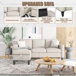 ZeeFu Convertible Sectional Sofa Couch,Modern Beige Linen Fabric Upholstered 3-Seat L-Shaped Sofa Furniture Set with Reversible Storage Ottoman and Pockets for Living Room Small Space Apartment