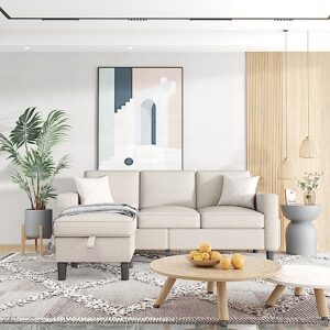 ZeeFu Convertible Sectional Sofa Couch,Modern Beige Linen Fabric Upholstered 3-Seat L-Shaped Sofa Furniture Set with Reversible Storage Ottoman and Pockets for Living Room Small Space Apartment