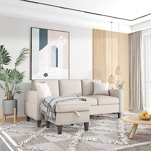 ZeeFu Convertible Sectional Sofa Couch,Modern Beige Linen Fabric Upholstered 3-Seat L-Shaped Sofa Furniture Set with Reversible Storage Ottoman and Pockets for Living Room Small Space Apartment