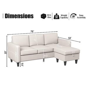 ZeeFu Convertible Sectional Sofa Couch,Modern Beige Linen Fabric Upholstered 3-Seat L-Shaped Sofa Furniture Set with Reversible Storage Ottoman and Pockets for Living Room Small Space Apartment