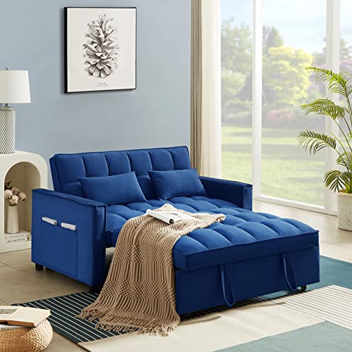 Eafurn 3 in 1 Multifunctional Convertible Sleeper Sofa Bed, Velvet Futon Loveseat Pull Out Couch,Small Tufted Sofa & Couches with Reclining Backrest & Side Pockets for Apartment Living Room Bedroom