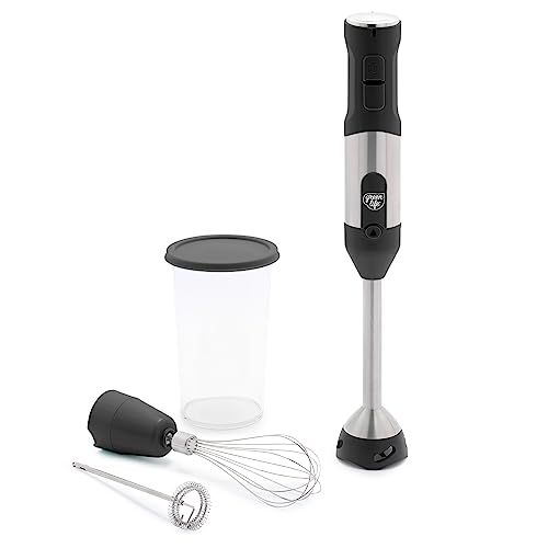 GreenLife Immersion Electric Handheld Stick Blender with Stainless Steel Blades, Whisk, Frother, Measuring Cup and Lid, Soups, Puree, Cake, Multi-Speed Control, Portable, Black