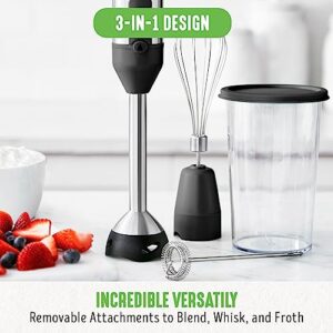 GreenLife Immersion Electric Handheld Stick Blender with Stainless Steel Blades, Whisk, Frother, Measuring Cup and Lid, Soups, Puree, Cake, Multi-Speed Control, Portable, Black